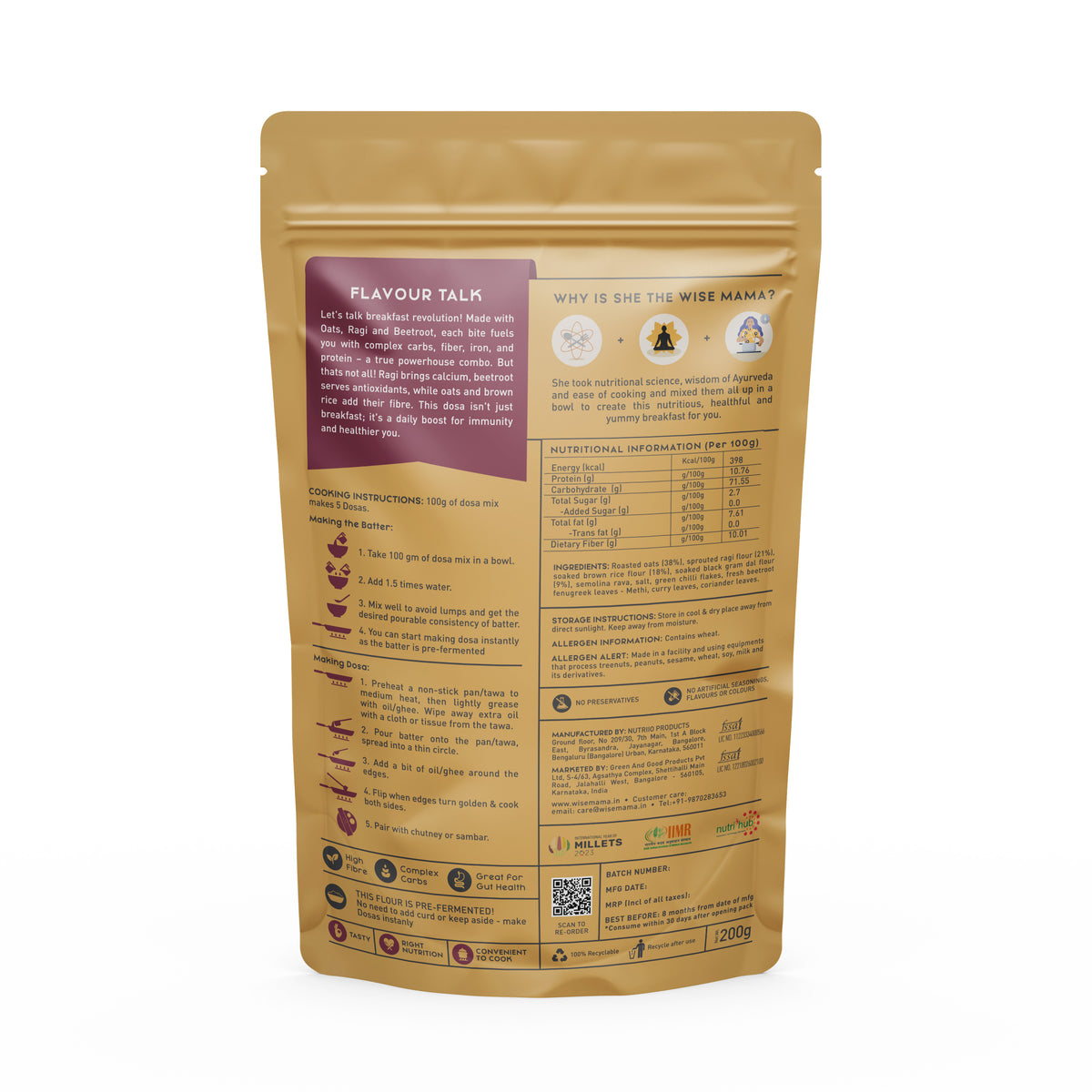 Pre-fermented Instant Oats Beetroot & Ragi Dosa | 200g | makes 10 to 1 ...